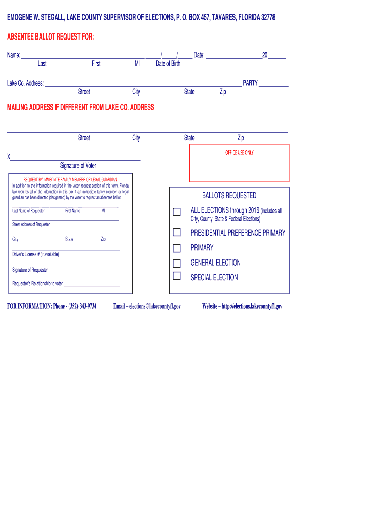 Fillable Online Absentee Ballot Request Form - Lake County Supervisor ...