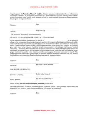 Fillable Online rockforddiocese INDIVIDUAL PARTICIPANT FORM Nun Run ...