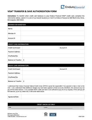 Fillable Online Visa transfer & save authorization form - Endura Financial Federal ... Fax Email ...