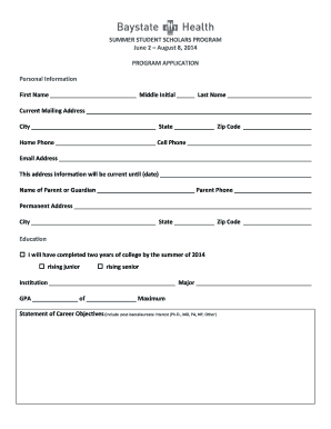 Fillable Online Summer Student Scholars application - Baystate Health ...