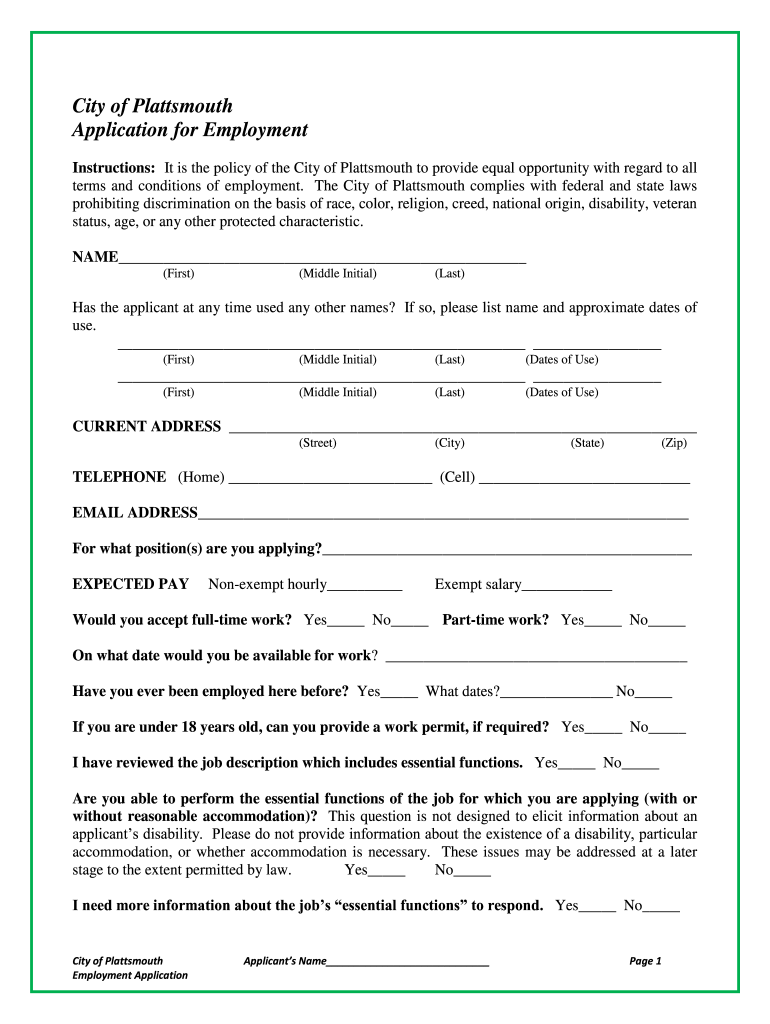 NE Application For Employment - Plattsmouth City 2015-2022 - Fill and ...