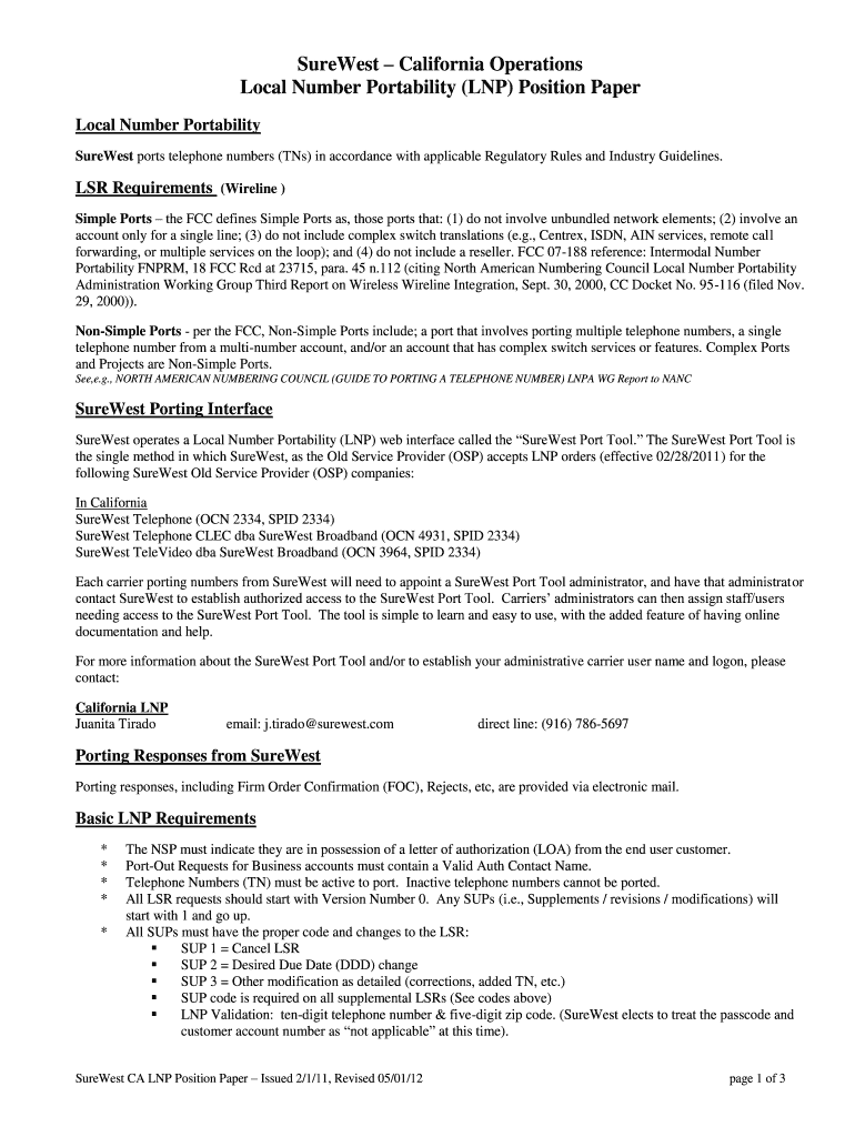 Fillable Online SureWest California Operations Local Number Portability ...