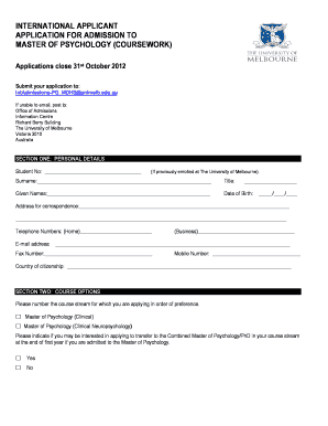 Fillable Online psych unimelb edu INTERNATIONAL APPLICANT APPLICATION ...