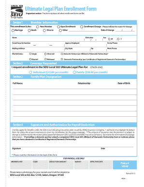 Fillable Online seiu503 Ultimate Legal Plan Enrollment Form - SEIU ...
