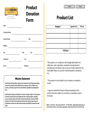 Fillable Online newthreads Product Donation Form Product List - New Threads of Hope Fax Email ...