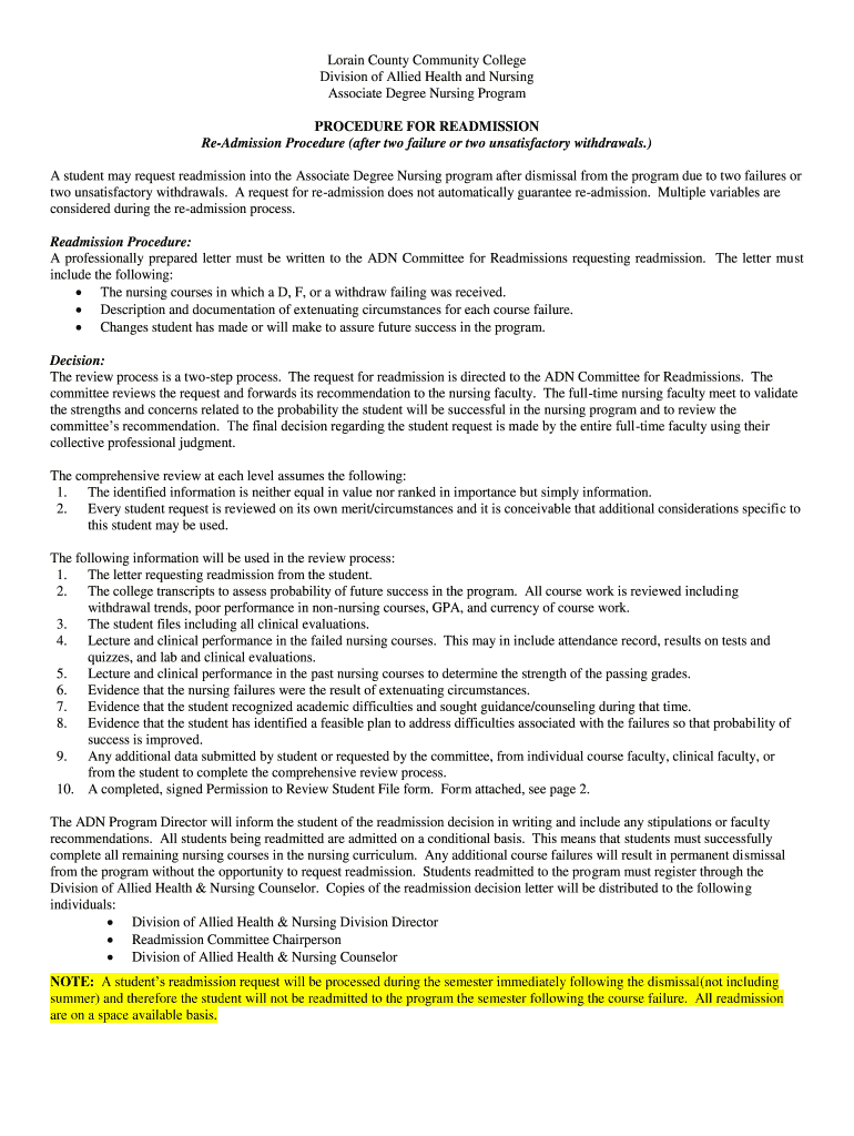 Fillable Online lorainccc PROCEDURE FOR READMISSION Re-Admission Procedure after two Fax Email ...