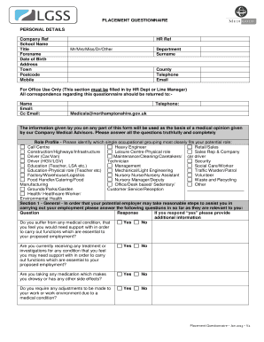 Fillable Online PLACEMENT QUESTIONNAIRE PERSONAL DETAILS Company Ref HR ...