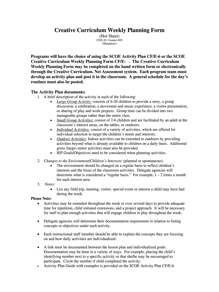 Creative Curriculum Lesson Plan Template Fill Online Printable
