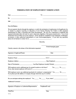 Fillable Online VERIFICATION OF TERMINATION OF EMPLOYMENT Fax Email ...