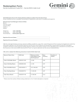 Fillable Online Redemption Form - Gemini Fax Email Print - pdfFiller