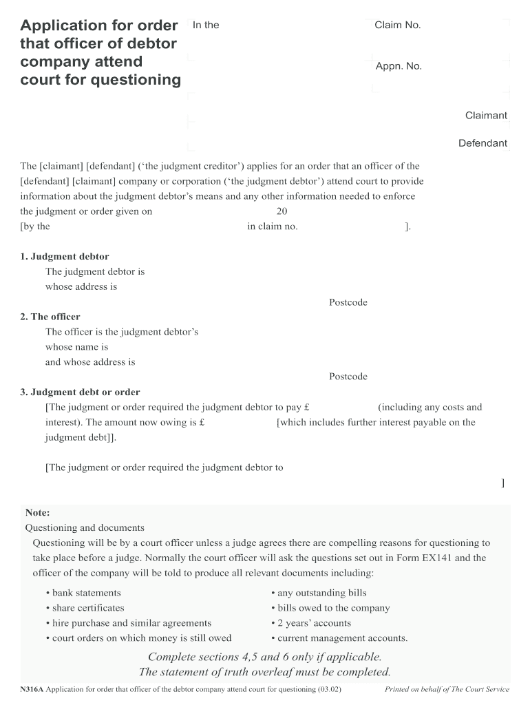 Fillable Online Application for order In the Claim No. that officer of debtor ... Fax Email ...