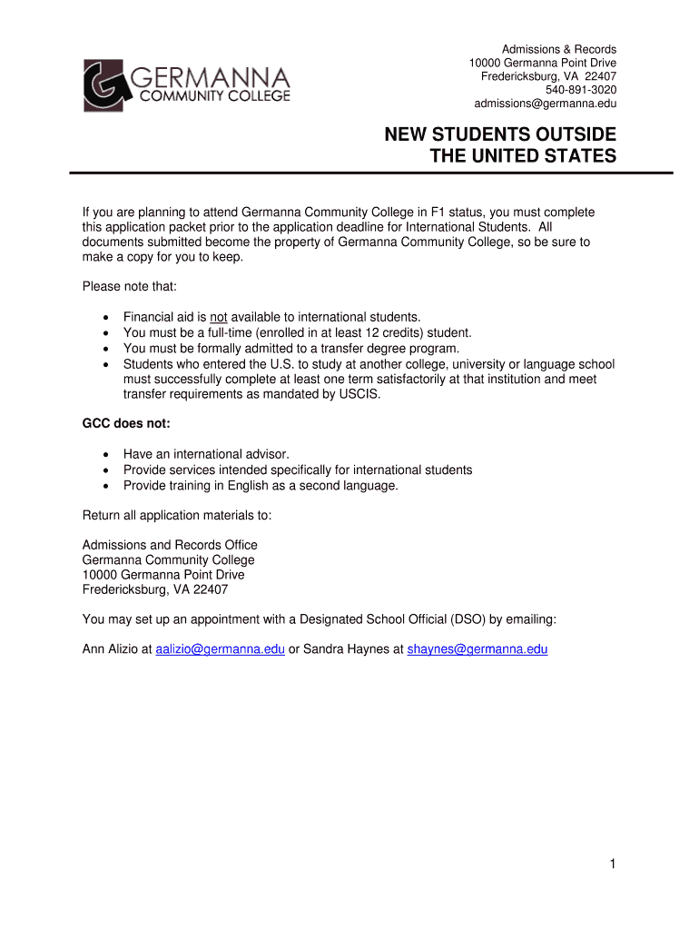 Fillable Online germanna NEW STUDENTS OUTSIDE THE UNITED STATES Fax ...