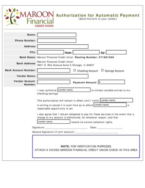 Fillable Online maroonfinancial Authorization for Automatic Payment ...