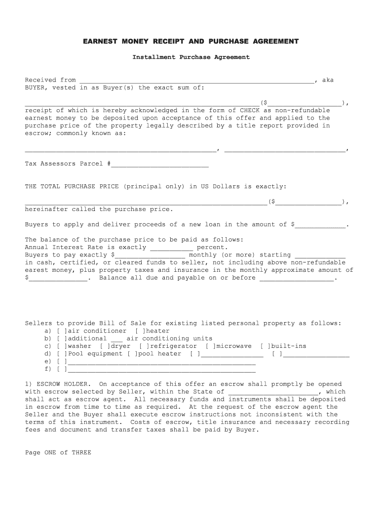 Fillable Online EARNEST MONEY RECEIPT AND PURCHASE AGREEMENT Fax Email ...