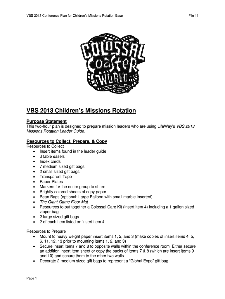 Fillable Online ncbaptist VBS 2013 Children's Missions Rotation Fax ...