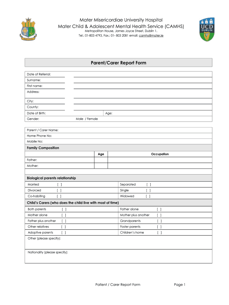 Fillable Online Parent/Carer Report Form - Mater Misericordiae ...