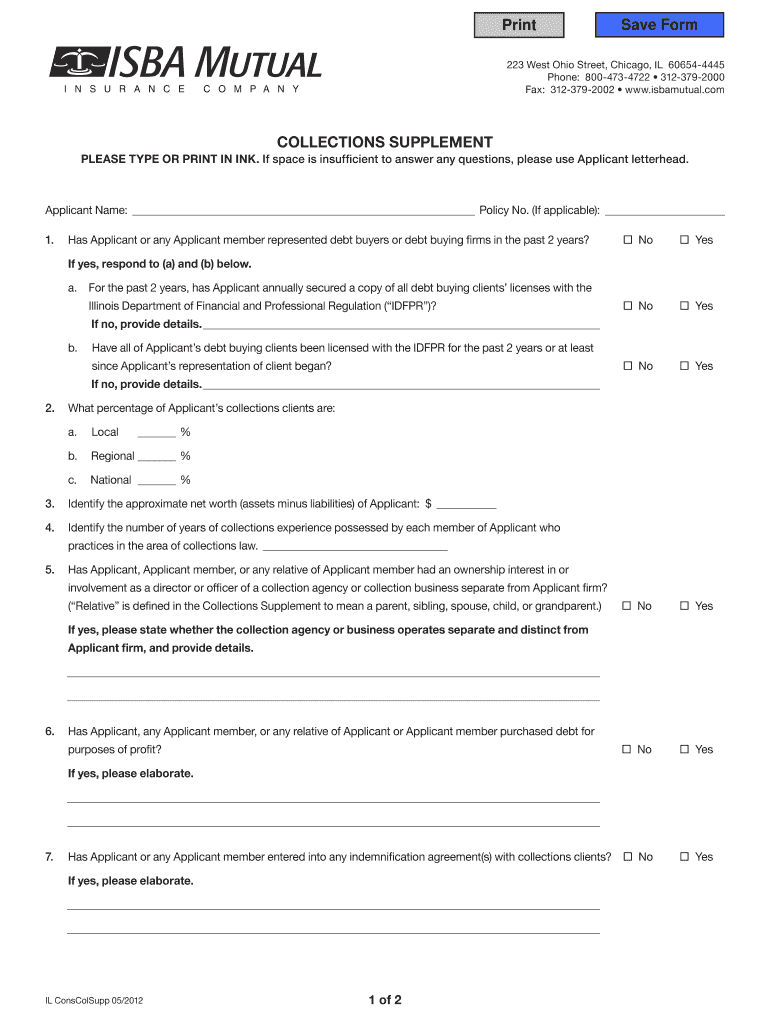Fillable Online COLLECTIONS SUPPLEMENT Print Save Form - ISBA Mutual ...