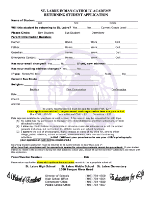 Fillable Online stlabreindianschool Student Application - Returning ...