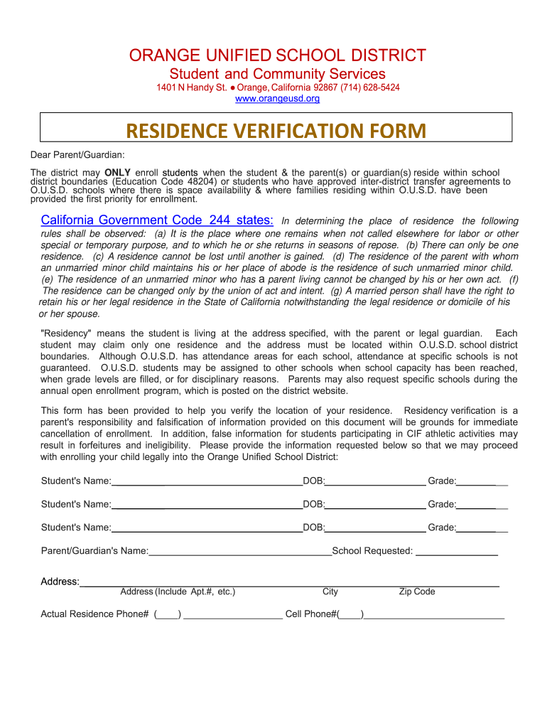 CA OUSD Residence Verification Form - Fill Online, Printable, Fillable, Blank - pdfFiller