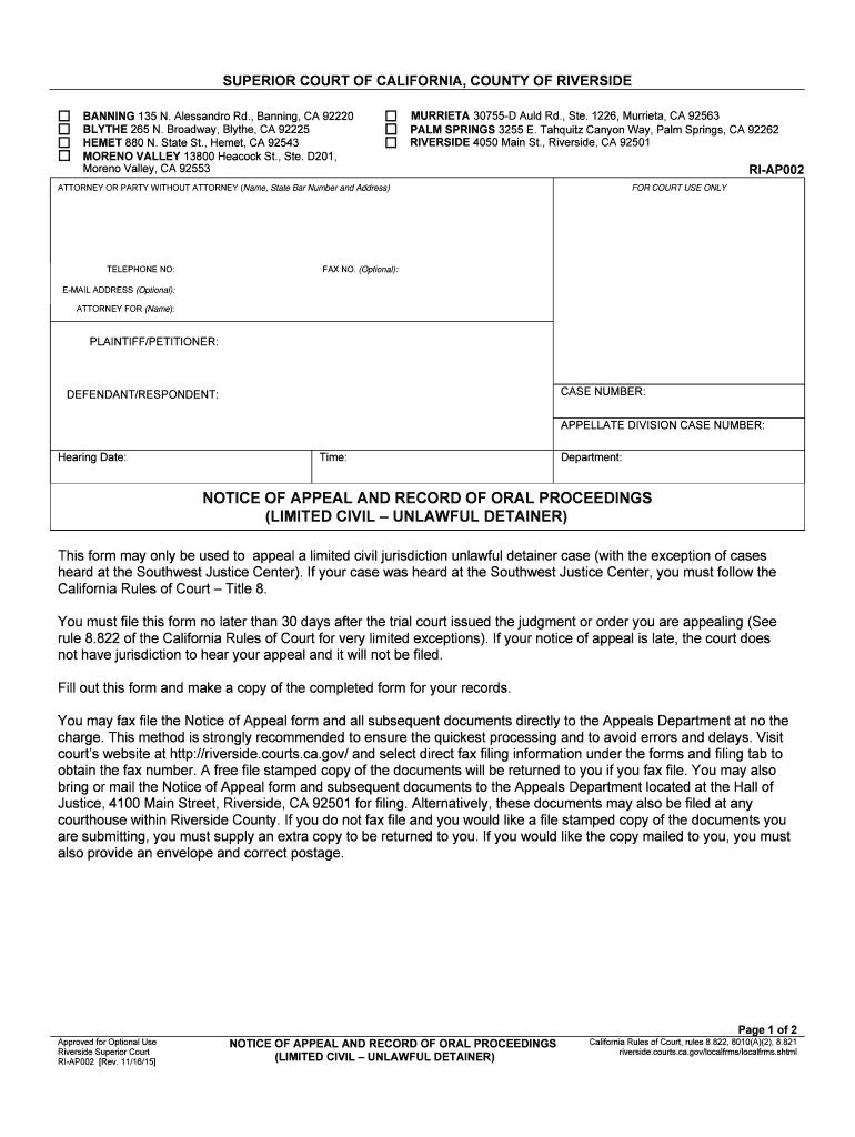 Fillable Online Notice of Appeal of Limited Civil Unlawful Detainer - Superior Court bb Fax ...