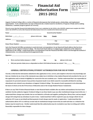 Fillable Online augustatech Financial Aid Authorization Form 2011-2012 ...