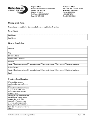 Fillable Online Complaint Form - Ombudsman Saskatchewan Fax Email Print ...