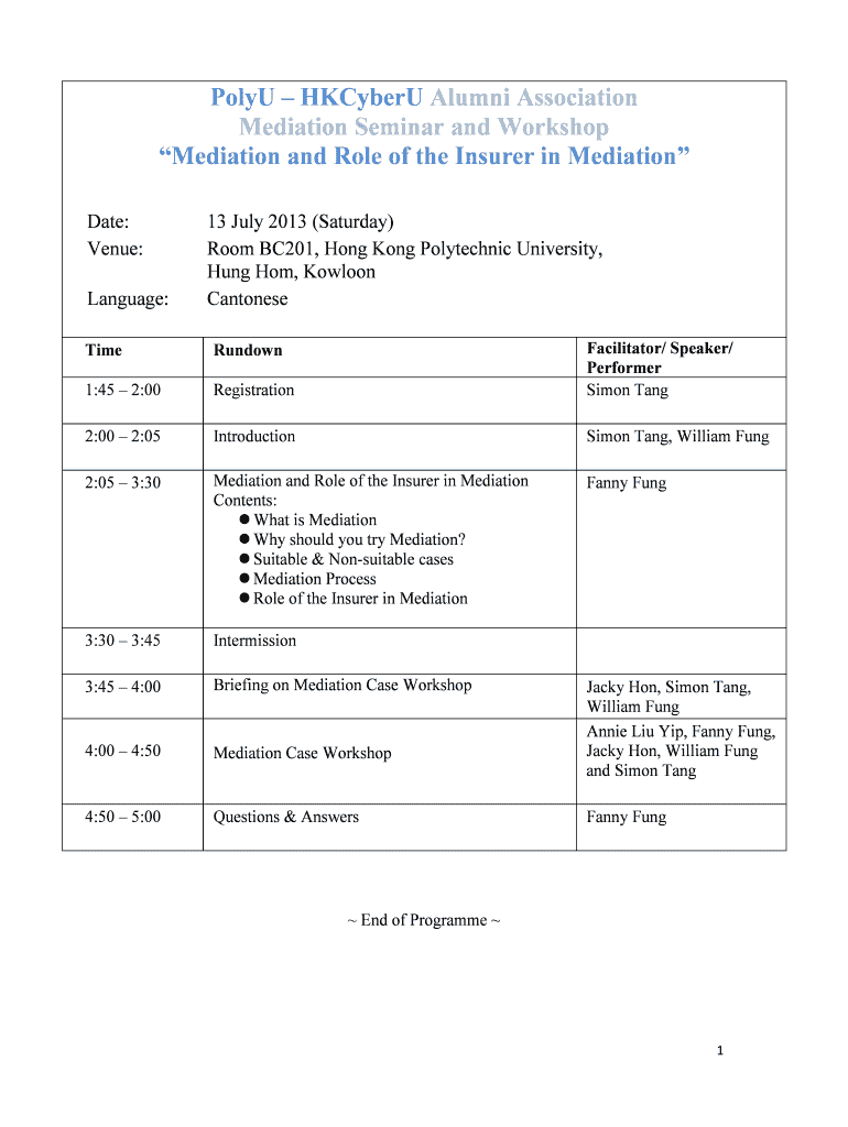 Fillable Online polyu edu PolyU HKCyberU Alumni Association Mediation ...