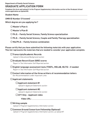 Fillable Online cehd umn Department of Family Social Science GRADUATE ADMISSIONS CHECKLIST Fax ...