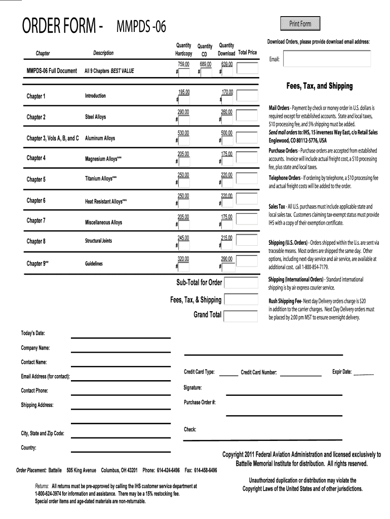 Fillable Online projects battelle ORDER FORM - MMPDS -06 Description Chapter Print Form Quantity ...