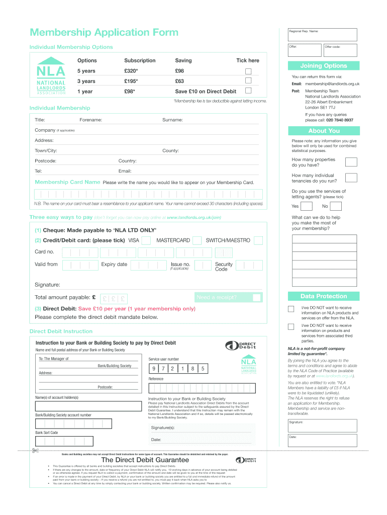 Fillable Online Membership Application Form - National Landlords ...