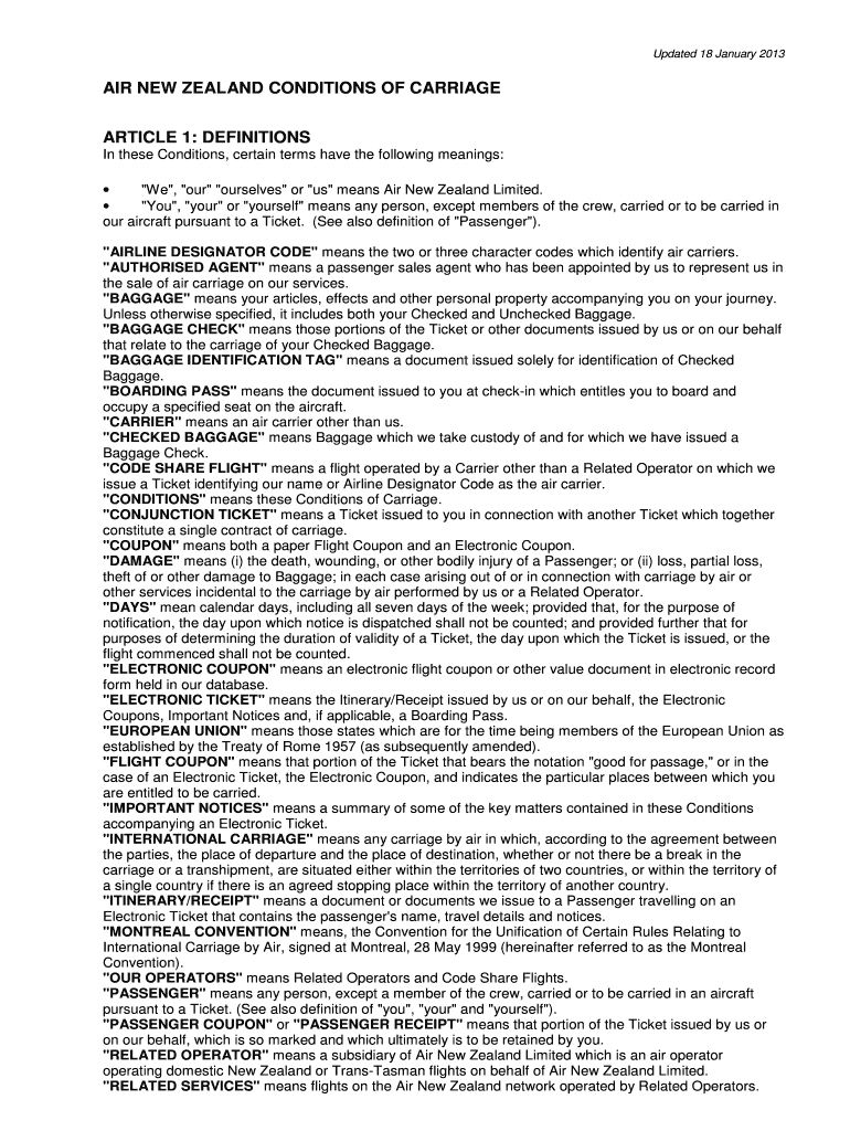 Fillable Online AIR NEW ZEALAND CONDITIONS OF CARRIAGE Fax Email Print ...