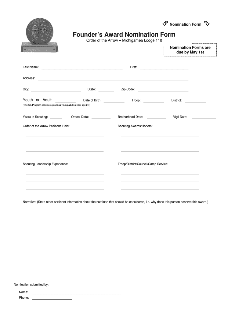 Fillable Online calumetcouncil FOUNDER S AWARD NOMINATION FORM ...