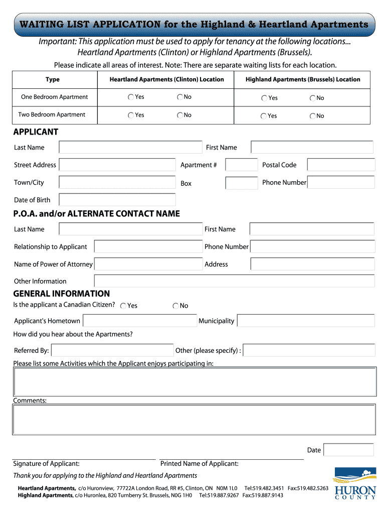 Fillable Online WAITING LIST APPLICATION for the Highland & Heartland Apartments Fax Email Print ...