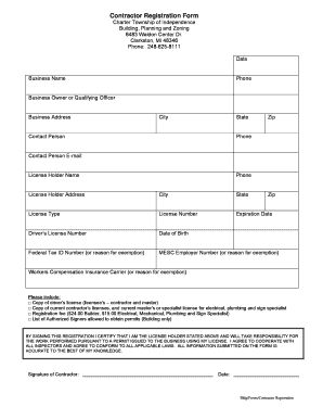 Fillable Online Contractor Registration Form - Independence Township ...