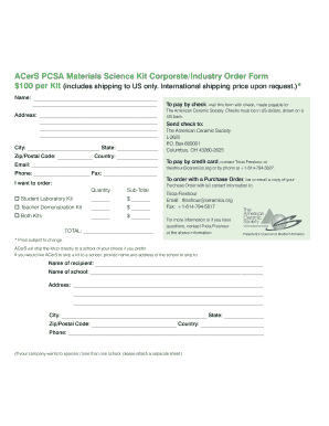 Fillable Online ceramics ACerS PCSA Materials Science Kit Corporate/Industry Order Form Fax ...