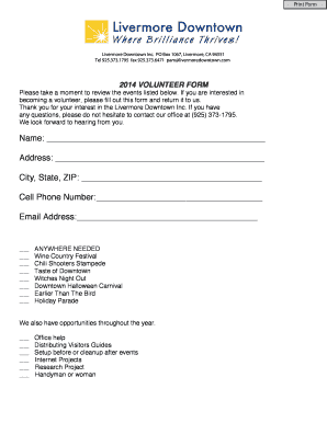 Fillable Online 2014 Volunteer Form - Livermore Downtown Inc. Fax Email ...