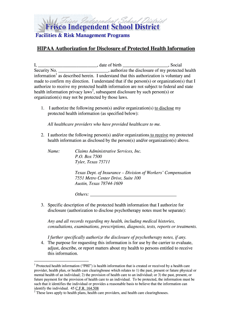 Fillable Online friscoisd HIPAA Authorization for Disclosure of ...