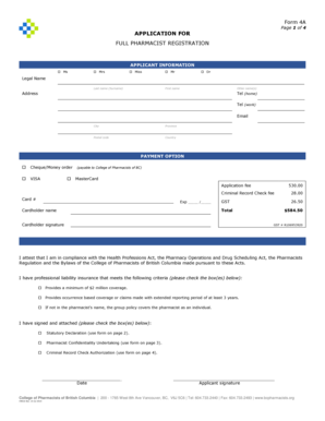 Fillable Online Form 4A APPLICATION FOR FULL PHARMACIST REGISTRATION ...