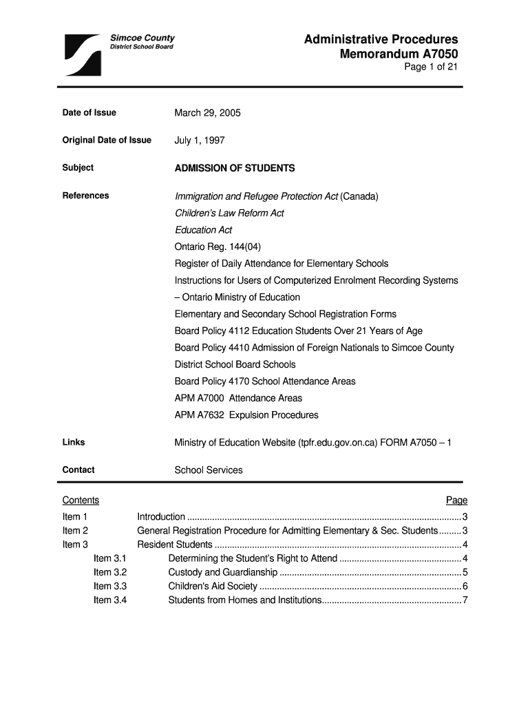 Fillable Online Admission of Students - Simcoe County District School Board Fax Email Print ...