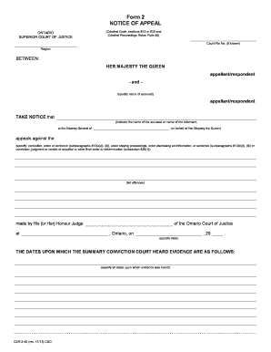 Fillable Online ontariocourtforms on Form 2 NOTICE OF APPEAL Fax Email ...