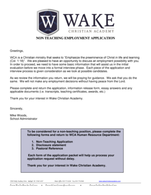 Fillable Online Non-Teaching Application - Wake Christian Academy Fax Email Print - pdfFiller