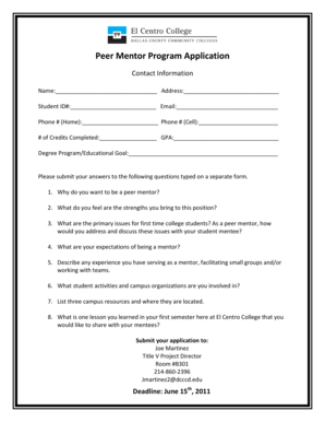 Fillable Online elcentrocollege Peer Mentor Program Application - El ...