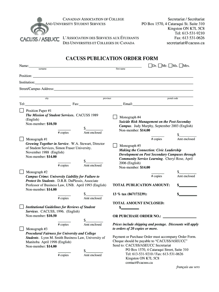 Fillable Online cacuss Publications Order Form (PDF) - CACUSS Fax Email ...