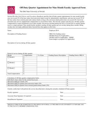 Fillable Online newark osu Off-Duty Quarter Appointment for Nine-Month ...