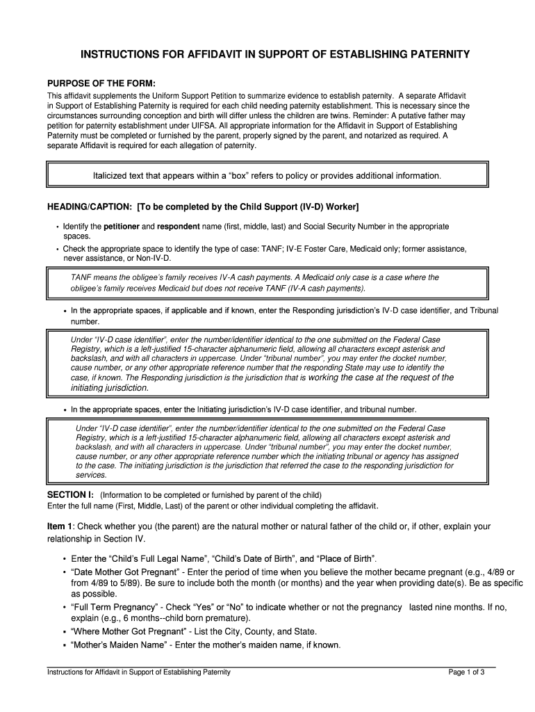 Fillable Online INSTRUCTIONS FOR AFFIDAVIT IN SUPPORT OF ESTABLISHING ...