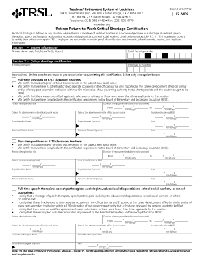Fillable Online trsl Retiree Return-to-Work Critical Shortage ...
