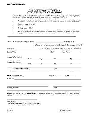 Fillable Online nhcs New hanover county schools completion of school ...