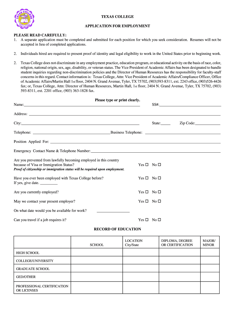 Fillable Online texascollegeonline APPLICATION FOR EMPLOYMENT - Texas ...