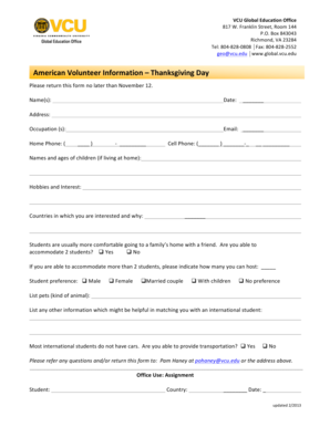 Fillable Online global vcu Thanksgiving Volunteer Information Form ...