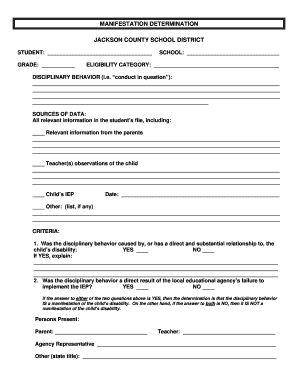 Fillable Online MANIFESTATION DETERMINATION REVIEW - Jackson County ...